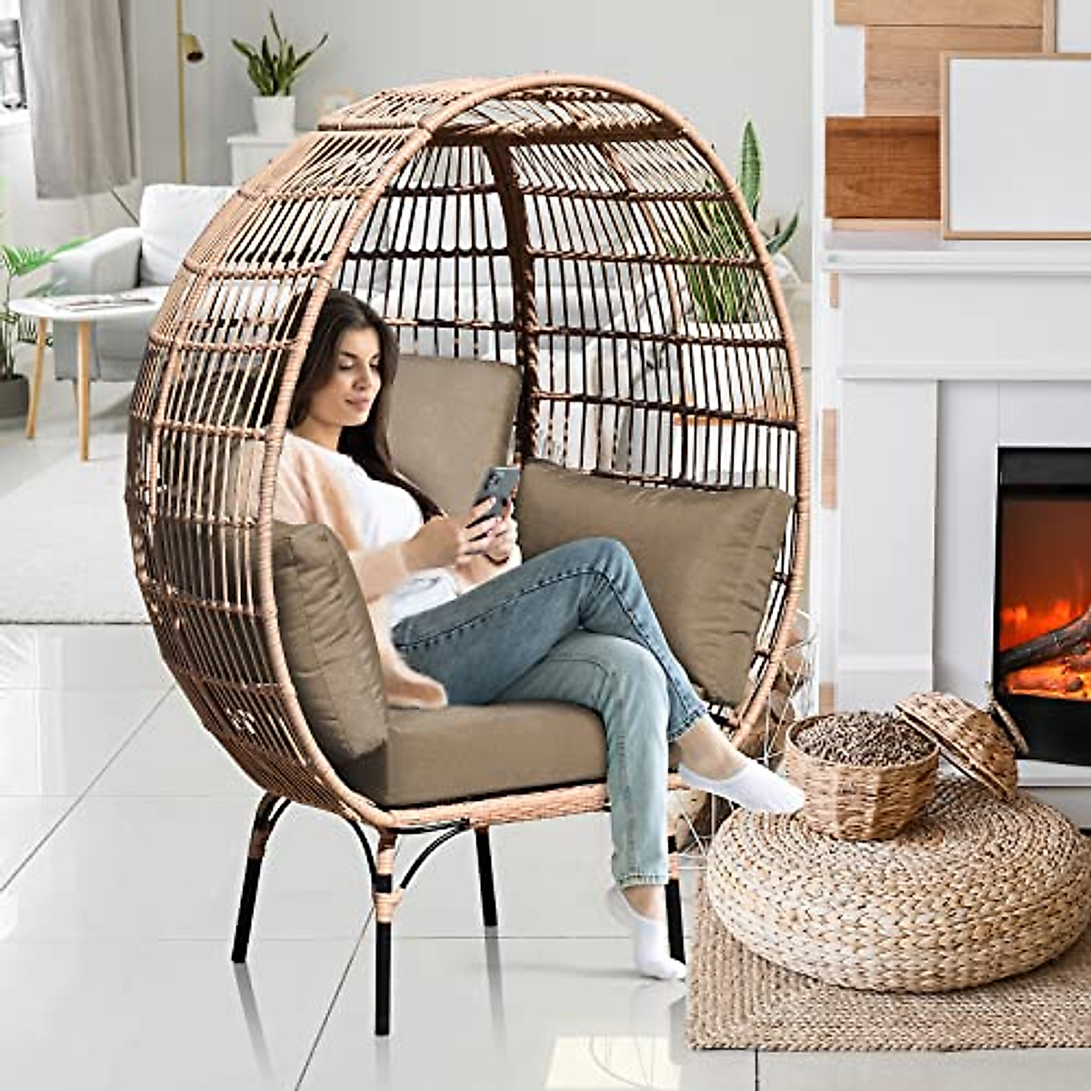 OTSUN Wicker Egg Chair, Oversized Indoor Outdoor Lounger for Patio, Backyard, Living Room with 4 Cushions, Steel Frame, Khaki
