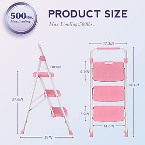 SocTone 3 Step Ladder, Folding Step Stool with Handle, Wide Anti-Slip Pedal, Lightweight, Multi-Use for Household and Office, 500lbs Capacity Sturdy Steel Ladder, PINK