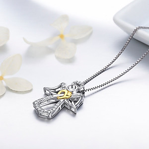 RUKYF 925 Sterling Silver Cubic Zirconia Guardian Angel Pendant Necklace for Women Rose Gold Heart Jewelry Unique Gifts for Women
