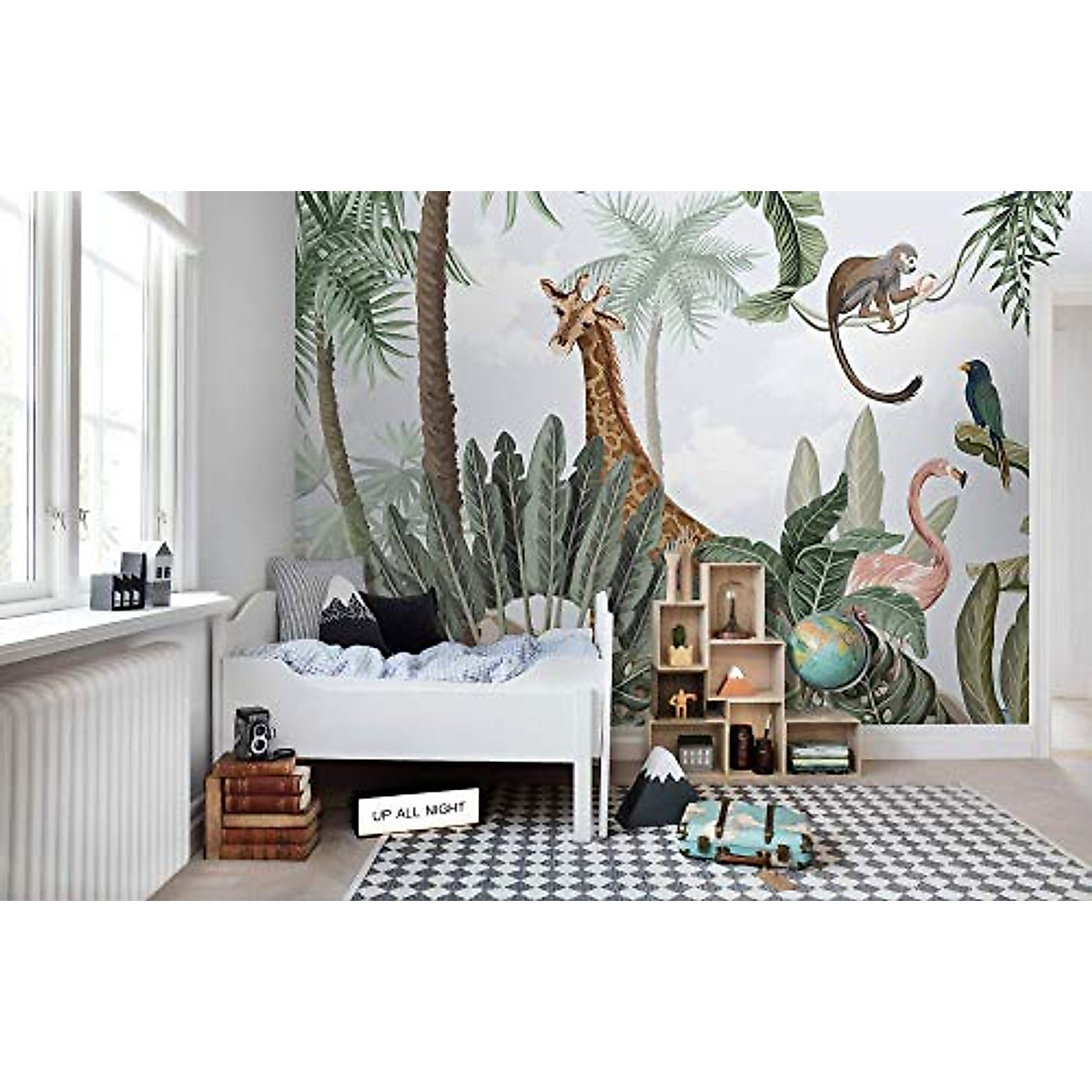 Murwall Kids Wallpaper Safari Animals Wall Mural Pink Flamingo and Cute Giraffe Wall Print for Childroom Forest Wall Art Kidsroom