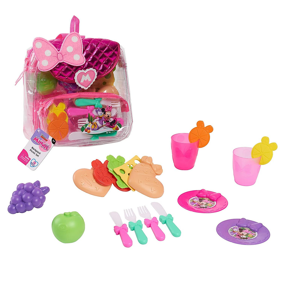 Disney Junior Minnie Mouse 18-piece Backpack Picnic Set, Dress Up and Pretend Play, Kids Toys for Ages 3 Up, Amazon Exclusive by Just Play
