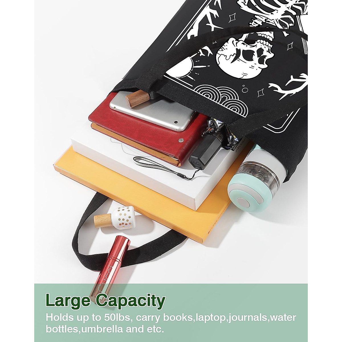 AUSVKAI Canvas Tote Bag Aesthetic for Women, Cute Book&skull Reusable Cloth Cotton Bags for College Shopping Beach Grocery Trendy Gifts