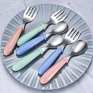 6 Pcs Toddler Utensils Set, Baby Silverware Set, Stainless Steel Toddler Forks and Spoons, Children Baby Spoons and Forks Cutlery Set with Round Handle, Dishwasher Safe