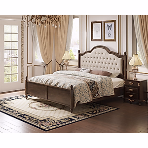 LUXOAK King Size Wood Bed Frame with Upholstered Headboard, Solid Wood Platform Bed with Linen Tufted, No Box Spring Needed, Easy Assembly, Walnut