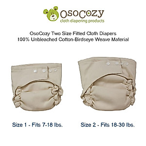 Osocozy Two Sized Fitted Cloth Diaper - Soft, Durable and Absorbent 100% Cotton Birdseye Weave Material. Easy to Use Snap Closures. Size 2 Fits 18-30 lb