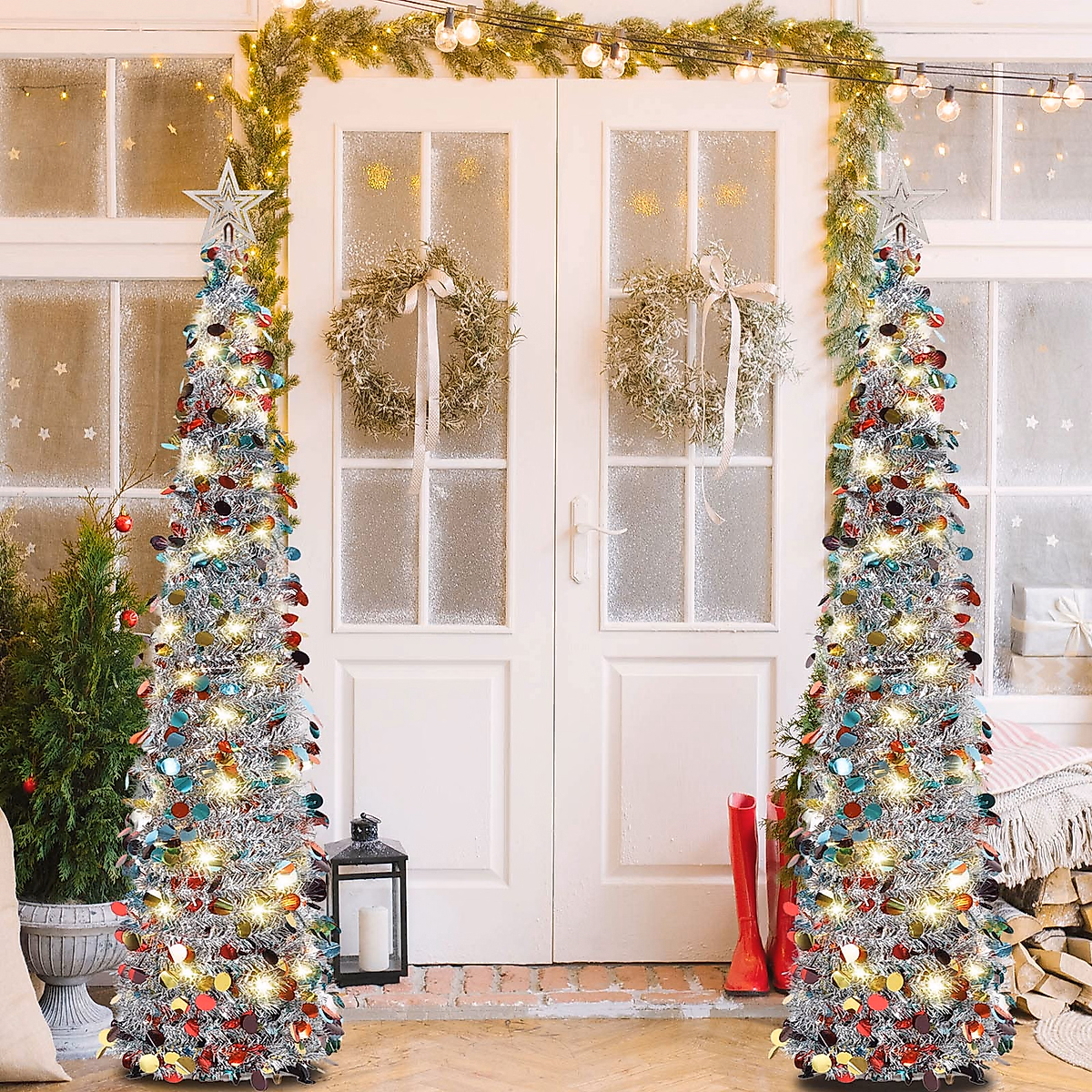 2Pcs Pop Up Christmas Tree with 50 Warm Lights 3D Topper Star - Collapsible Glitter Tinsel Artificial Christmas Pencil Trees Holiday Xmas Decoration for Indoor Home Office