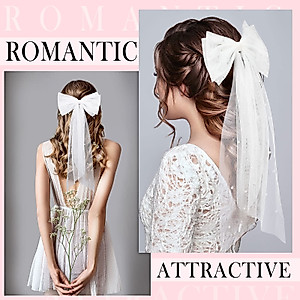 Juinte Bridal Hair Bow Veil Bachelorette Party Pearl Hair Clip Wedding Veil Bride Accessories Bridesmaid Favors Large Bow with Barrette Bachelorette Party Decorations (White, Pearl)