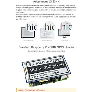 waveshare 3.7inch E-Paper E-Ink Display HAT Compatible with Raspberry Pi4B/3B+/3B/2B/B+/A+/Zero/Zero W/WH/Zero 2W 480×280 Pixels Black/White 4 Grey Scales SPI Interface Supports Partial Refresh