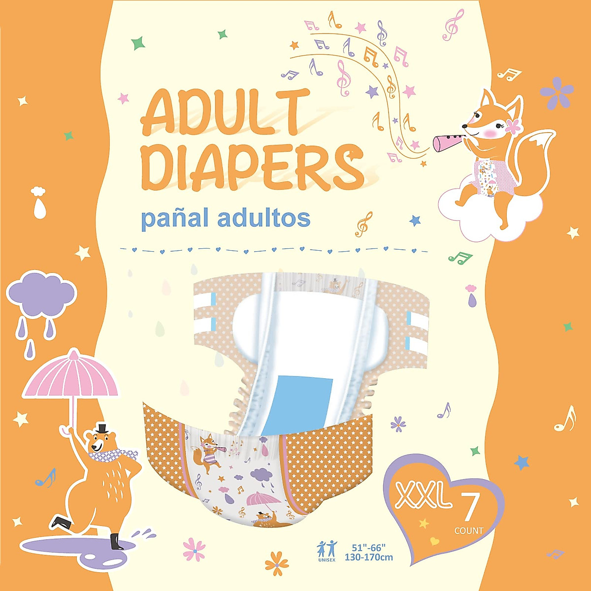 Aimisin Adult Printed Diapers,XX-Large-Fox and Bear, 7 Pieces for Men and Women - Leak Protection Heavy Absorbency Protection Diapers