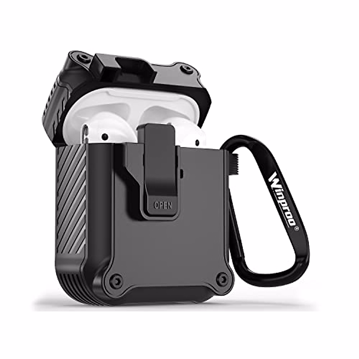 Winproo Armor Airpods 2nd & 1st Generation Case Cover with Lock Clip, Military Hard Shell Full-Body Shockproof Protective Case Skin with Keychain for Airpods 2nd & 1st Gen [Black]