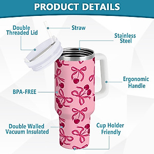 Bseiialft 40 oz Tumbler with Handle Pink Bow Cherry Water Bottle with Lid and Straw Vacuum Insulated Cup Stainless Steel Travel Coffee Mug for Home Office Car