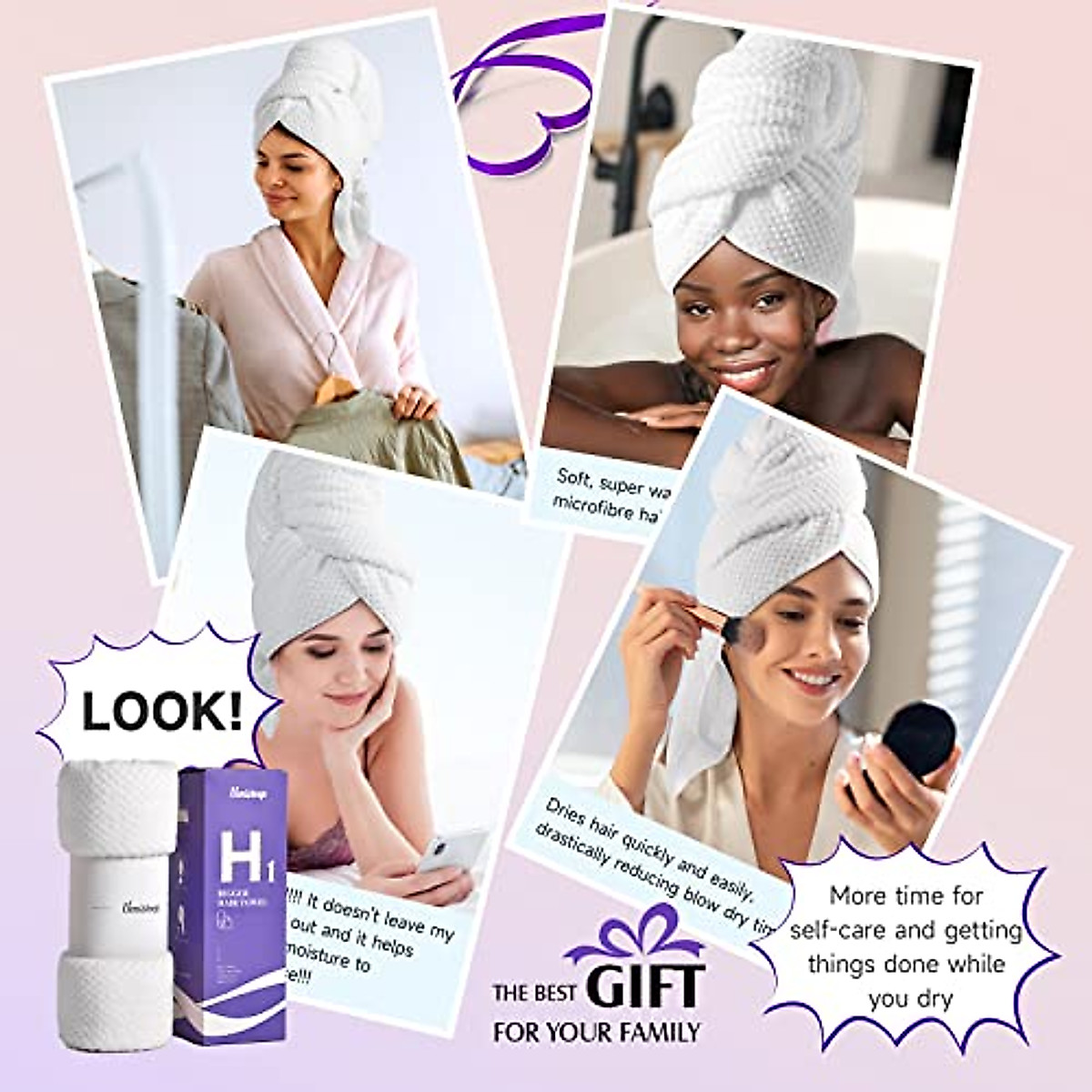 Umisleep Extra Large Microfiber Hair Towel for Women Long, Curly, Thick Hair, Super Soft Anti Frizz Quick Dry Hair Towel Wrap, Ultra Absorbent Hair Turban with Elastic Band White
