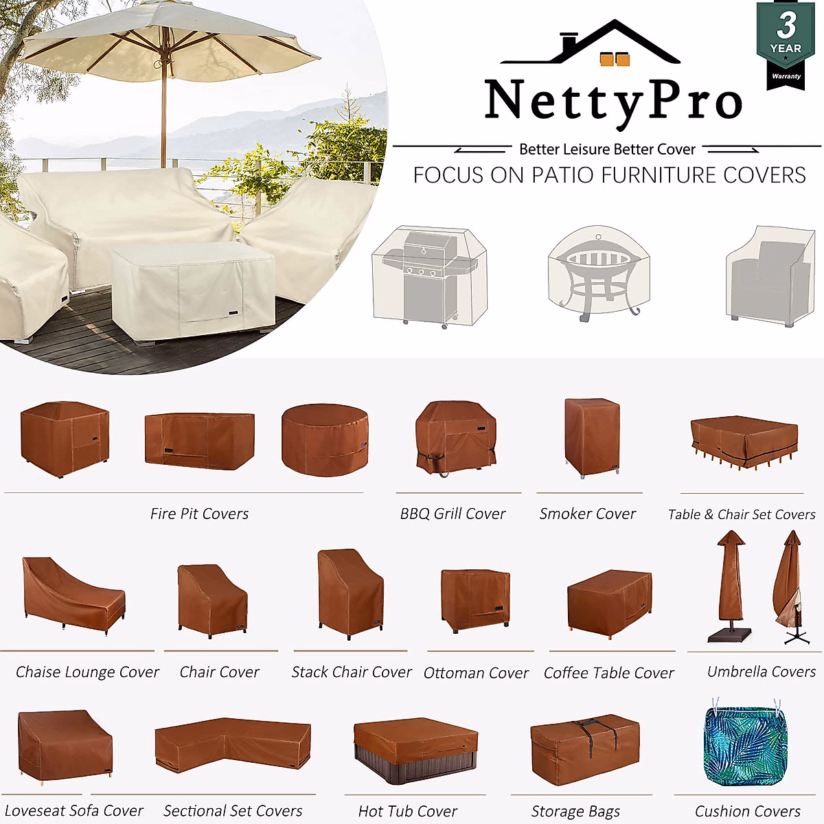 NettyPro Patio Furniture Cushion Covers Replacement Set 4 Water Repellent UV Resistant Outdoor Chair Seat Cushion Slipcover with Zipper and Tie, Replacement Cover Only, 22 x 20 x 4 Inch