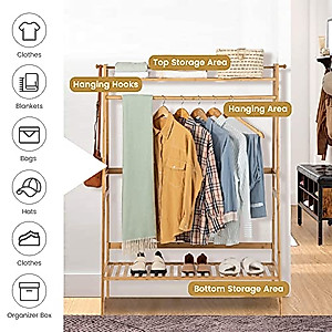 Tangkula Bamboo Clothing Rack with Storage Shelves, Freestanding Garment Rack with Top Shelf, Shoe Rack, 2 Hooks, Heavy-duty Clothing Storage Organizer for Bedroom, Entryway, Living Room, Natural