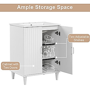 SIYSNKSI 24" Bathroom Vanity with Ceramic Sink, Bathroom Vanity Cabinet with 2 Doors and Adjustable Shelves, Solid Wood Combo Cabinet for Bathroom, Small Space (White + Solid Wood+MDF 07)