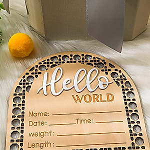 Baby Announcement Sign, 5.5 Inch Wooden Birth Newborn Welcome Sign Hello World New Baby Name Sign, Name Plaques for Girl Boys Photo Prop Baby Shower Nursery Hospital