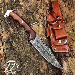 ZEASNA ZE-HK-55 Handmade Damascus Hunting Knife with Leather Sheath for Outdoor Skinning Camping Fixed Blade Bowie Knife with Sheath Razor Sharp Damascus Steel Knives for Men