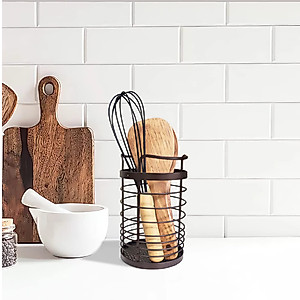 NONAKO Utensil holder for Kitchen Counter - Round kitchen utensil holder for countertop (H6.1” x W3.9”), Utensil Caddy Rustic Cooking Utensil Crock for Kitchen Decor