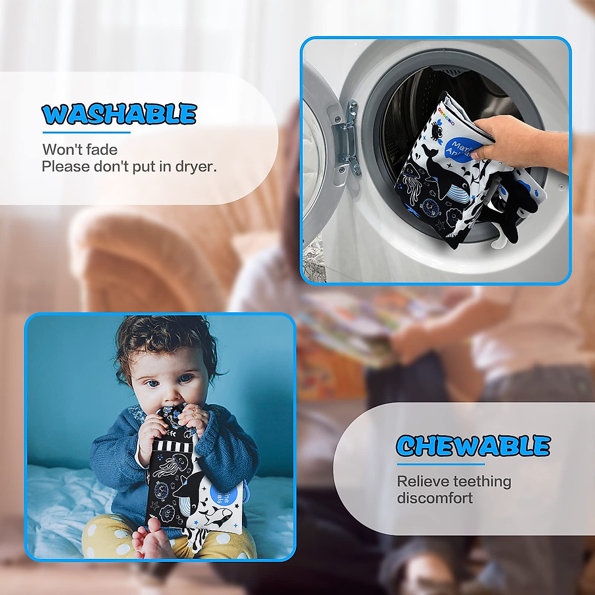 OKOOKO Soft Baby Book Black and White High Contrast Marine Animals Tails Book Bath Book Montessori Sensory Stroller Toy Non-Toxic Crinkle Washable Early Education for Baby Infant Toddler