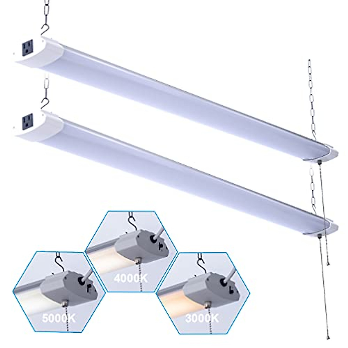 HOLDWILL 2 Pack LED Shop Light,4FT 48W Linkable Utility Integrated Ceiling Lighting Fixture, 3 CCT Selectable 3KK/4KK/5KK Hanging Mount with Pull Chain LED Workbench Light for Workshop