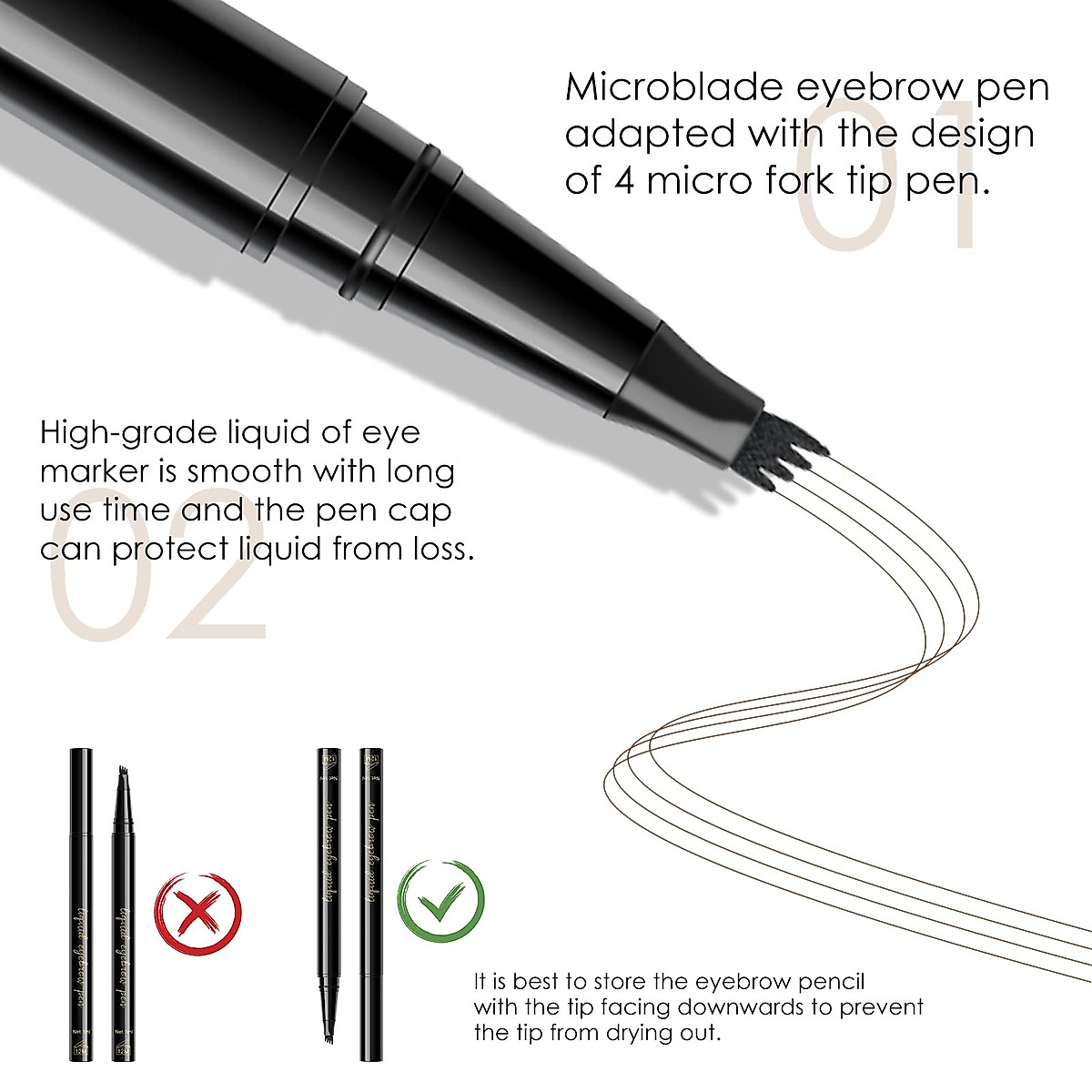 FREEORR Eyebrow Pen, Eyebrow Micro-Fork Tip Pencil 24HR Long-lasting Waterproof Brows Pencil, Tattoo Eye Brow Pencils for Women, Microblade Eyebrow Pen Eye Brows-02 Dark Brown