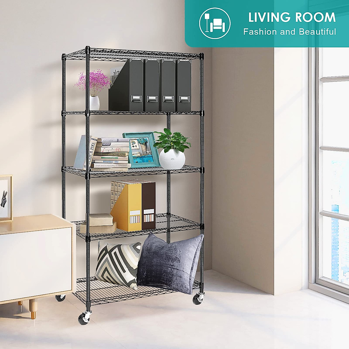 5 Tier Wire Shelving Rack with Wheels, 5 Tier Black Shelving Unit with NSF Certified, Adjustable Rolling Storage Metal Shelves, 18"D X 35.5"W X 71"H, 330Lbs Capacity, For Kitchen, Pantry, Garage