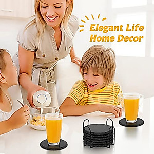 Black Slate Coasters for Drinks - Set of 6 - Anti-Scratch Drink Coasters with Holder - Natural Stone Coasters Bulk, Unique DIY Crafts - Cup Coaster Set for Home Decor, Bar, Coffee, Table