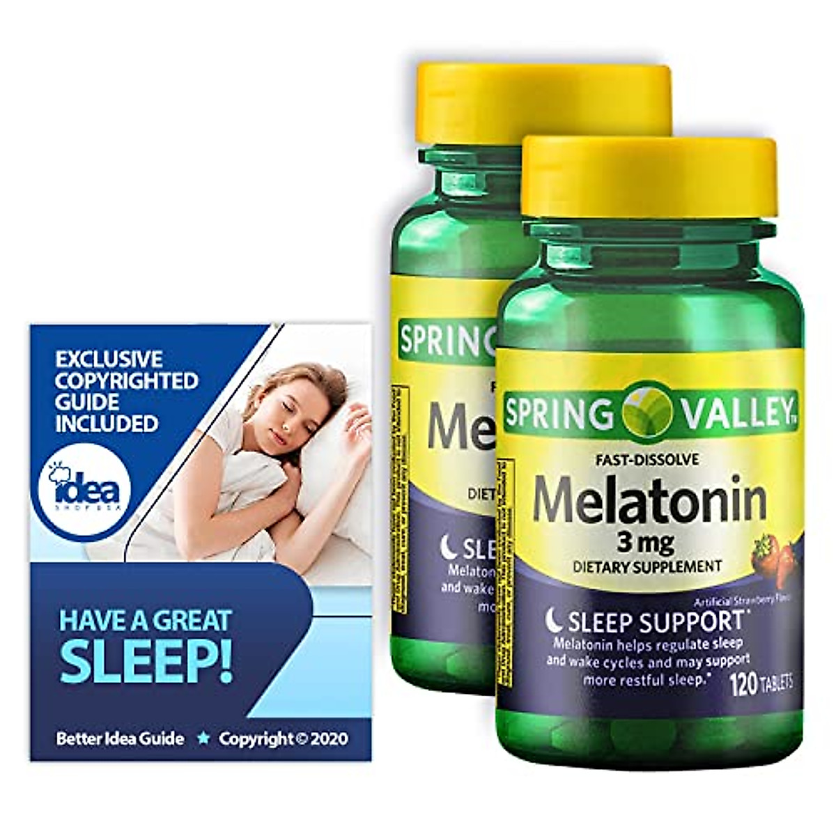 Melatonin Fast Dissolve Tablets, Sleep Support by Spring Valley, 3 mg, 120 Ct (2 Pack) Bundle with Exclusive "Have a Great Sleep" - Better Idea Guide (3 Items)