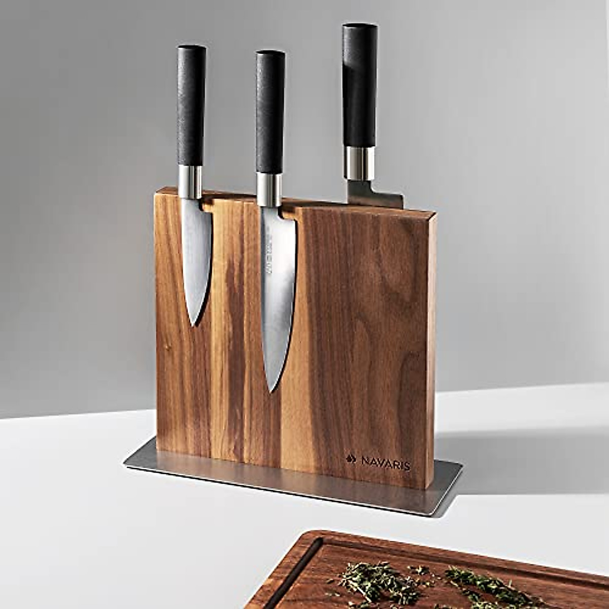 Navaris Wood Magnetic Knife Block - Double Sided Wooden Magnet Holder Board Stand for Kitchen Knives, Scissors, Metal Utensils - Walnut, 8.9 x 8.7 in