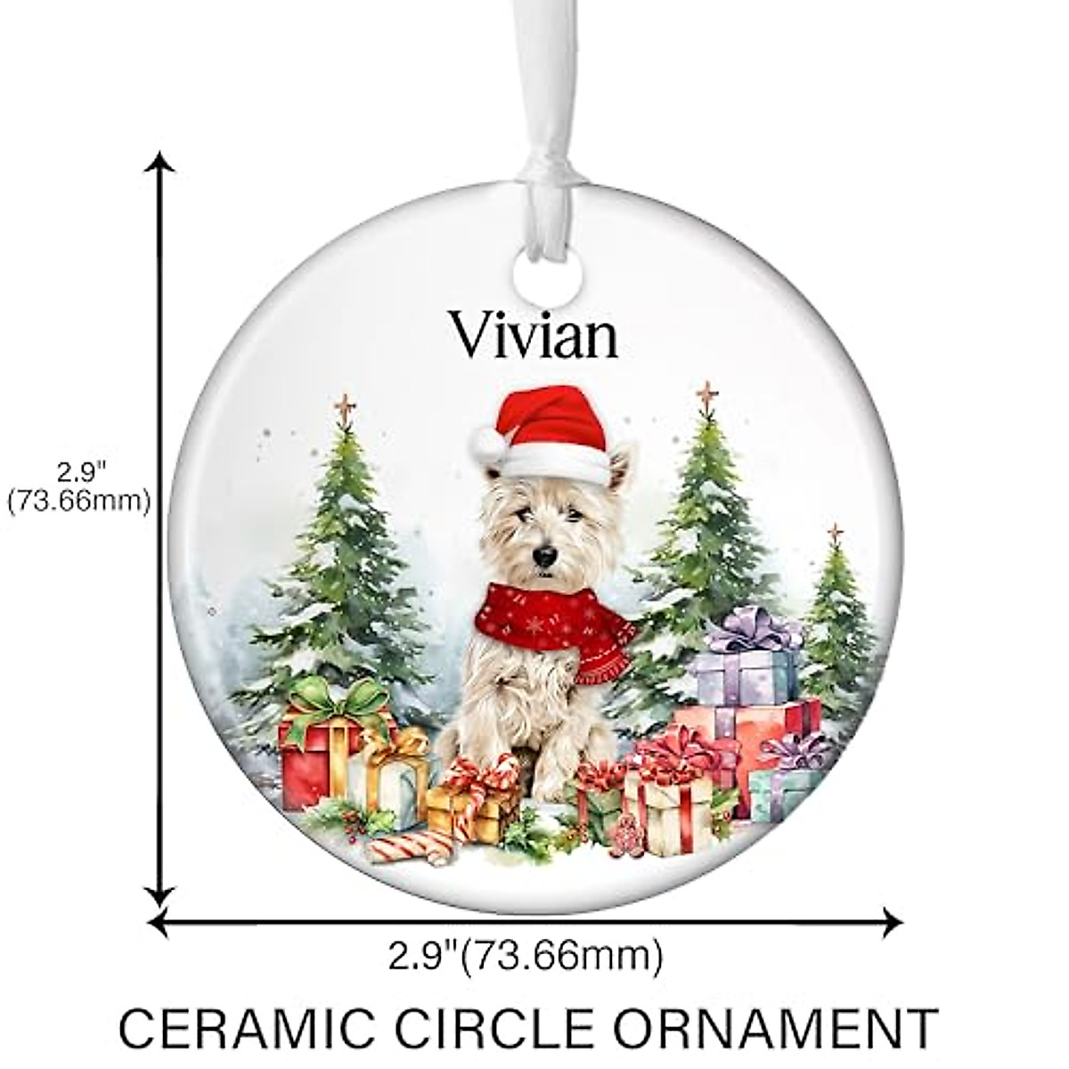 Dog Christmas Ornaments Personalized West Highland White Terrier Round Shaped Ceramic 3 Inch Present for Pet Lover Family Friends Custom Dogs with Santa Hat Decor Xmas Tree Home Party Pendant Gift