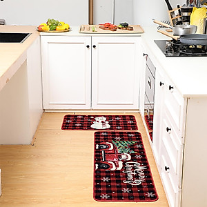 Drydiet 2 Set Buffalo Plaid Christmas Kitchen Rugs Snowman Snowflake Red Truck Kitchen Rug Xmas Non Slip Christmas Kitchen Mat for Winter Home Kitchen Christmas Decor, 17 x 29 Inch and 17 x 49 Inch