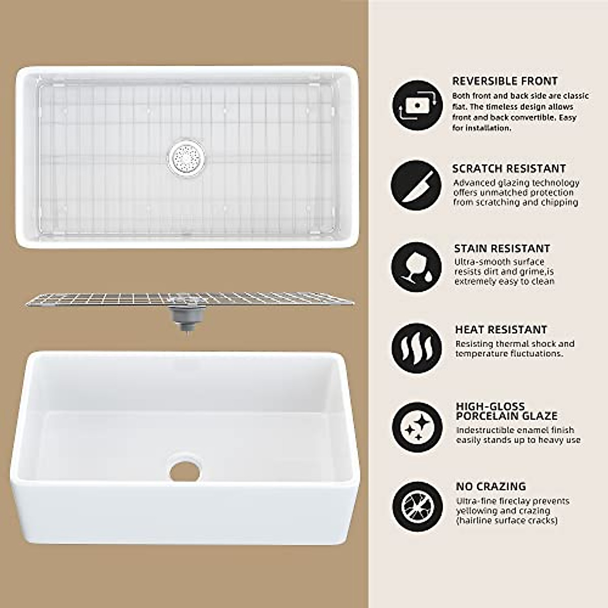 ZUAGCO White Farmhouse Sink 33 inch Fireclay Apron Front Farm Sink Large Capacity Deep Single Bowl Kitchen Sinks with Accessories Protective Bottom Grid and Strainer