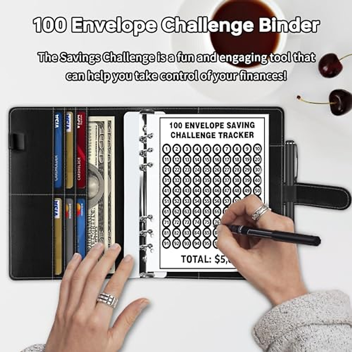 Sfocgoi 100 Envelopes Money Saving Challenge, 2025 A5 Money Saving Budget Binder, Savings Challenges Book and Digital Stickers, Easy and Fun Way to Save $5,050,Suitable for offices, homes (Black)