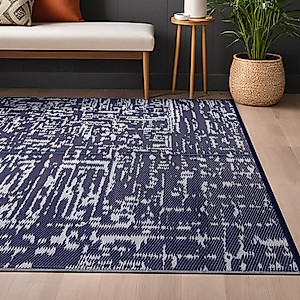 Beverly Rug Abstract Outdoor Rugs 6x9 Waterproof Reversible Plastic Straw Rug Outdoor Carpet, Outside Mat for Patio, Camping, Picnic, Porch, Deck, RV, Beach, Pool, Blue and White