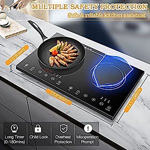 Double Induction Cooktop, 4000W Electric Cooktop with 2 Burner, Portable Countertop Burner with LED Sensor Touch Screen, 17 Power Levels 21 Temperature Setting Child Safety Lock, 3 Hours Timer