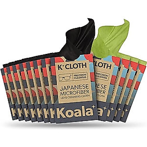 Koala Lens Cleaning Cloth | Japanese Microfiber | Glasses Cleaning Cloths | Eyeglass Lens Cleaner | Eyeglasses, Camera Lens, VR/AR Headset, and Screen Cleaning | Black & Green (Pack of 12)