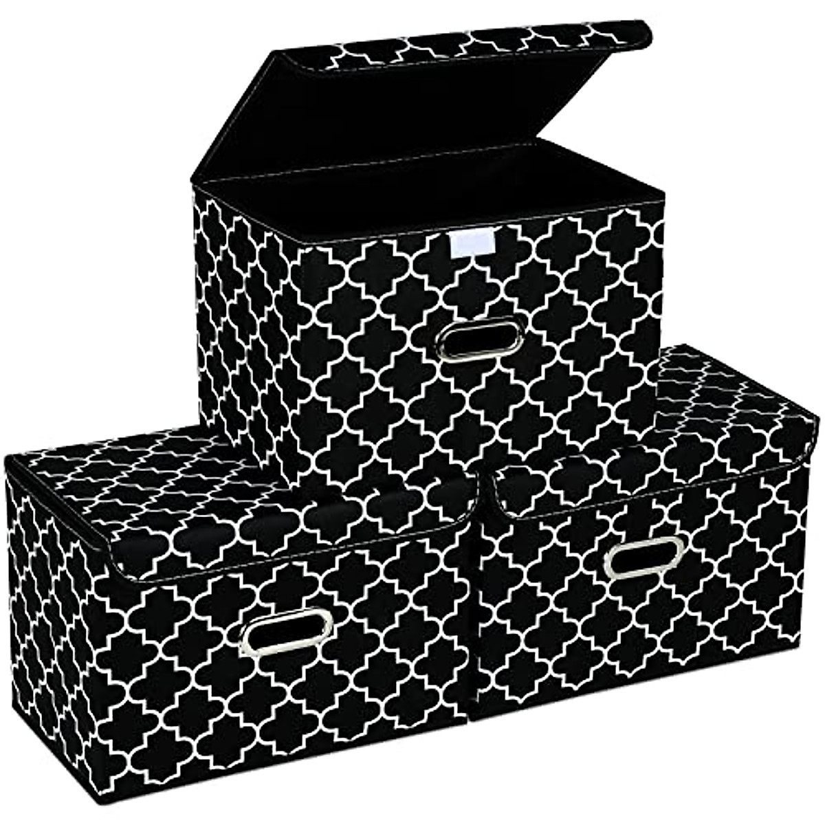 STOREONE Fabric Storage Cube Bins Foldable Organizer Container Collapsible Basket with Lids and Metal Handles, for Home, Bedroom, Closet 3 Pcs (Black Light)