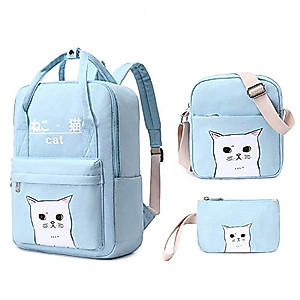 e-youth 3Pcs Japanese And Korean Style Bags Kawaii Cat Canvas School Backpack Shoulder Bag Purse Pen case (Blue)