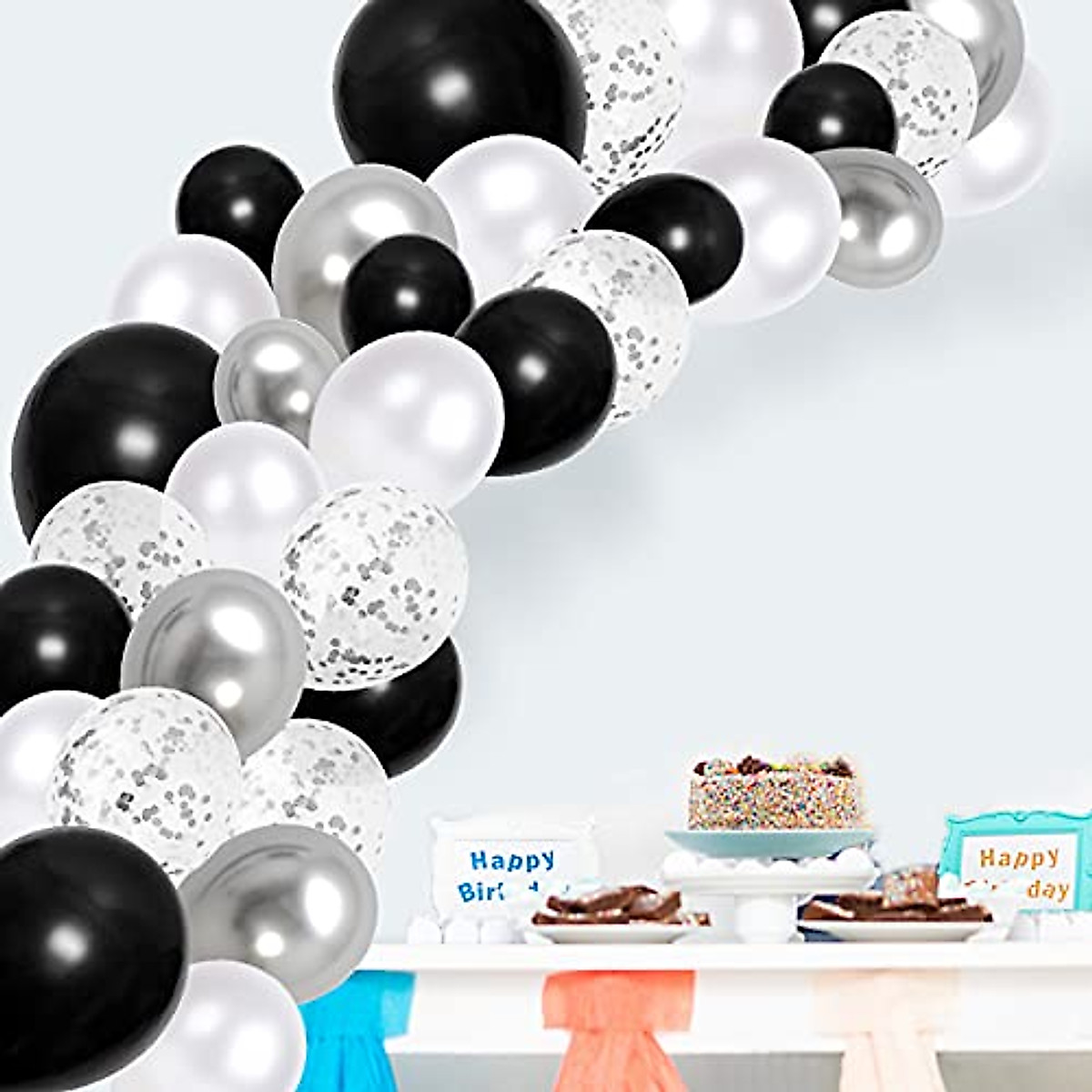 Black Silver Balloon Garland Arch Kit, 100pcs White Silver Confetti and Metallic Chrome Latex Party Balloons for Wedding Birthday Graduation Anniversary Decorations (BlackSilver-100pcs)