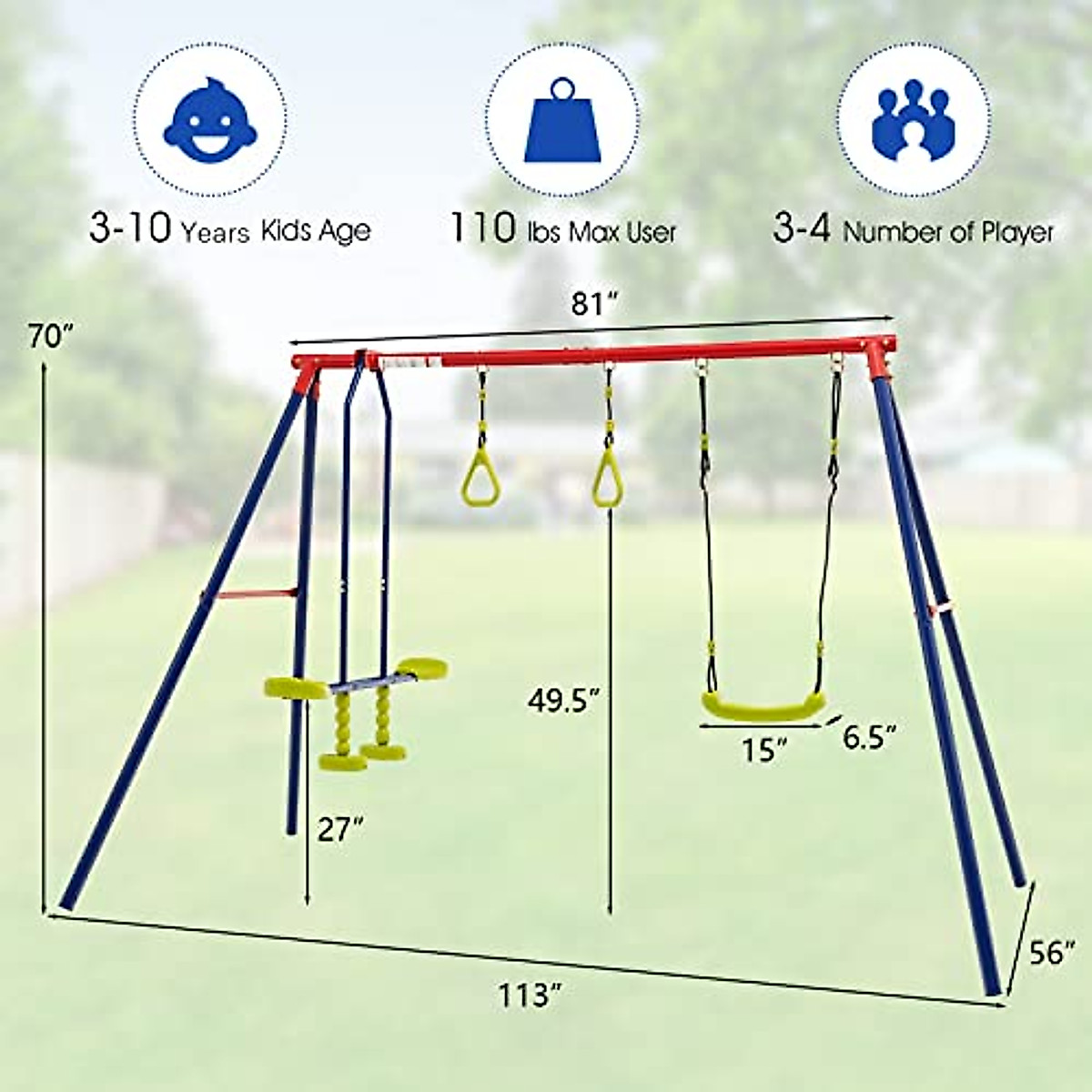 OLAKIDS Swing Sets for Backyard, Outdoor 3 in 1 A-Frame Heavy Duty Metal Stand for Kids and Adults, 440LBS Playground Activity Playset with Swing Seat, Glider, Trapeze Rings for Toddlers