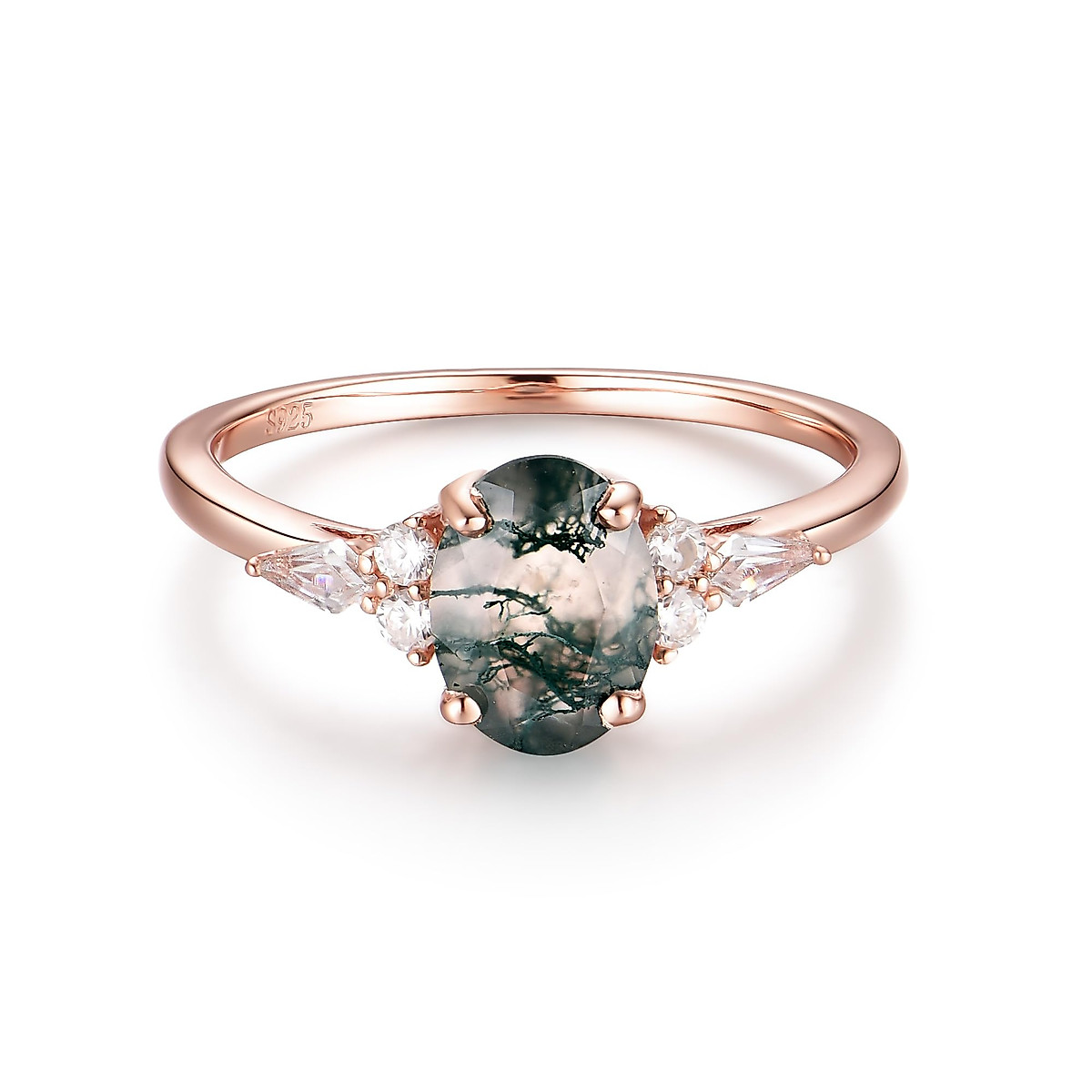 ITI KUOLOLIT Natural Moss Agate Ring Sterling SilverWedding Engagement Ring Green Agate Promise Wedding Rings for Women 6*8 Oval (Moss agate White, 8)