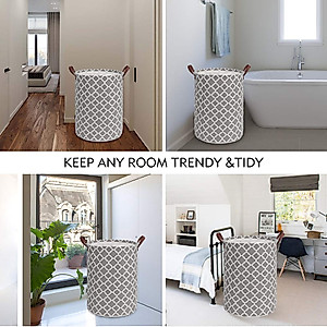 TOTANKI 60L Large Laundry Basket with Durable Leather Handle, Thickened Drawstring Round Collapsible Laundry Hamper, Dirty Clothes Storage Basket for Bedroom, Bathroom, College Dorm (Grey, L)