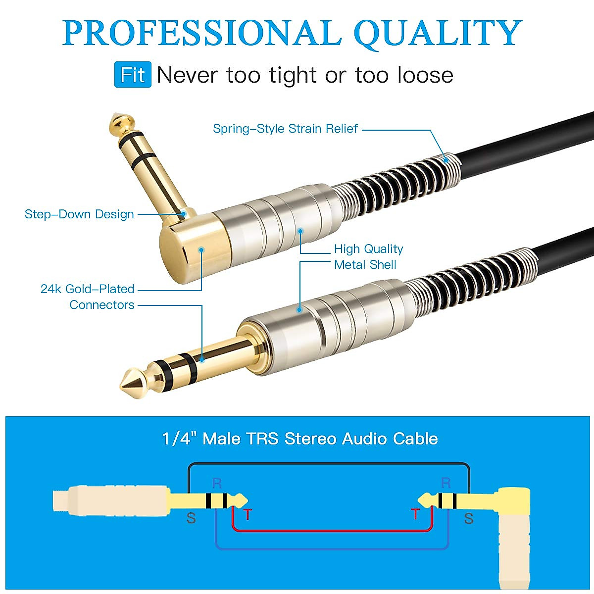 JOLGOO 1/4 inch TRS Cable, Straight to Right Angle 1/4 Inch 6.35mm Stereo Audio Cable for Studio Monitors,Mixer,Yamaha Speaker/Receiver, 10 Feet