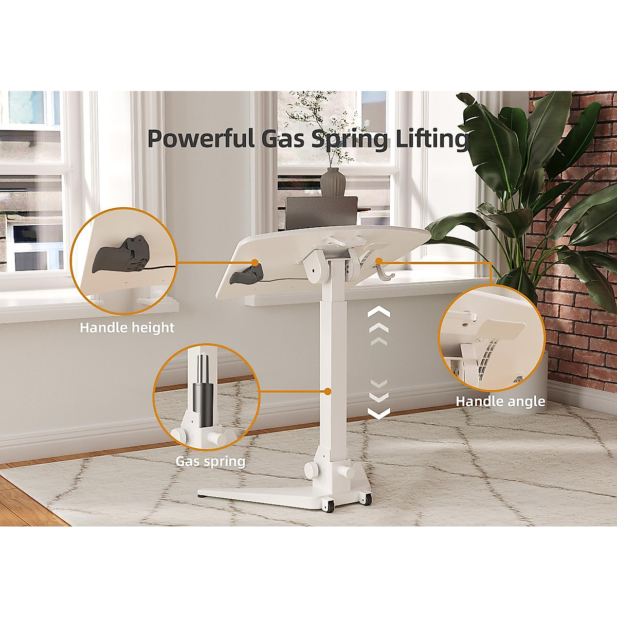 Claiks Mobile Standing Desk, Portable Rolling Standing Desk with Wheels, Pneumatic Height Adjustable Sit-Stand Desk Workstation with 90° Tiltable, Foldable Desk with Non-Slip Computer Stand, White