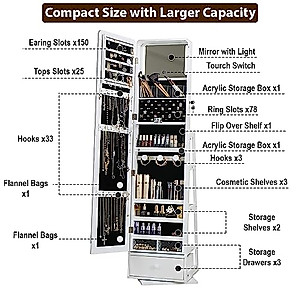 MASMIRE 360 Swivel Full Length Mirror With Storage & Built-In Light, 63.7'H Mirror Jewelry Cabinet Standing With 3 Drawers - Lockable Jewelry Armoire With 3 Storage Racks - White
