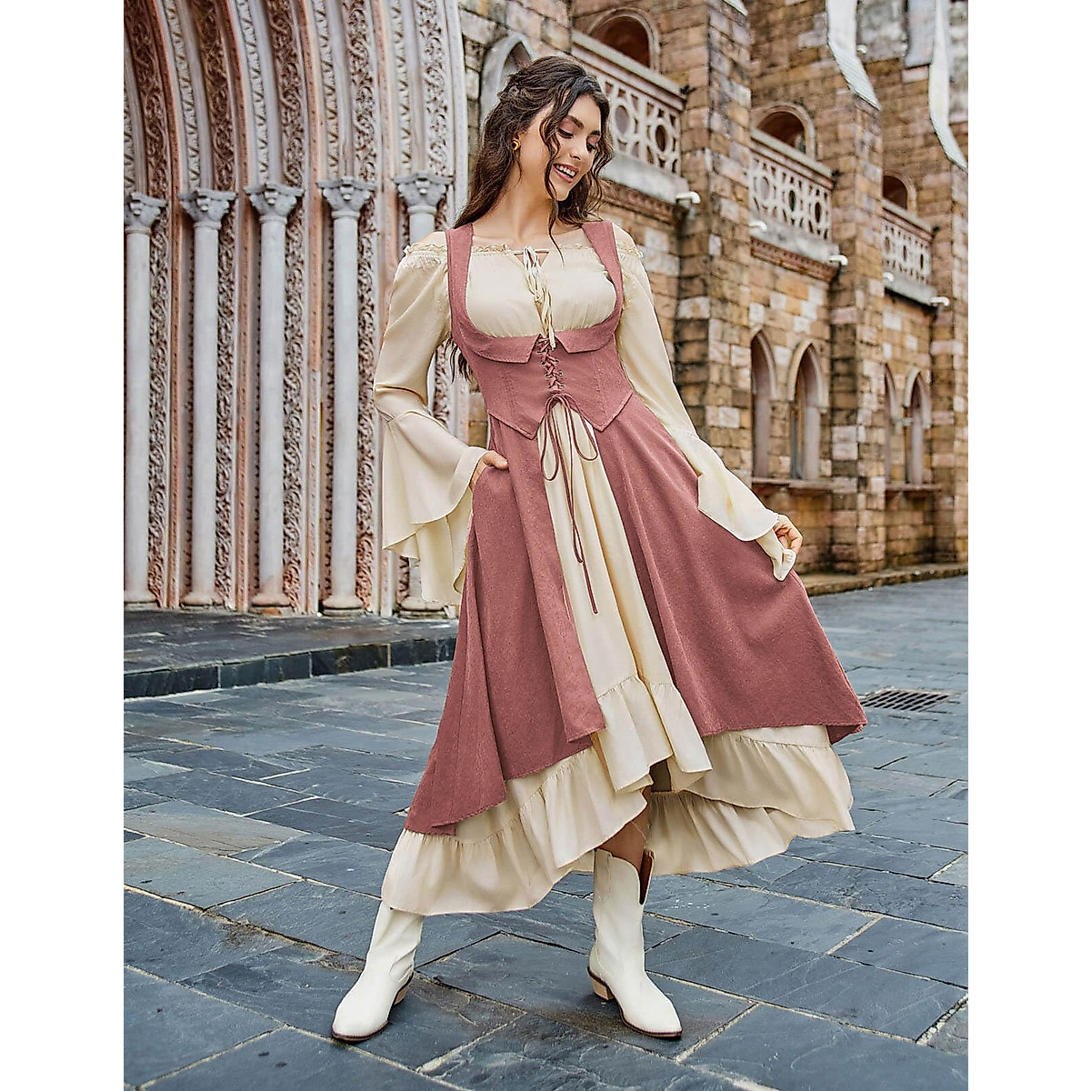Scarlet Darkness Renaissance Dress Women Costume Medieval Pirate Peasant Underbust Dress Dusty Rose L