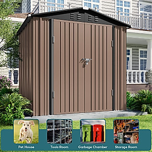 Gizoon Outdoor Storage Shed 6 x 4 FT, Galvanized Metal Garden Shed with Double Lockable Doors, Outdoor Storage Clearance for Backyard Patio Lawn-Light Brown