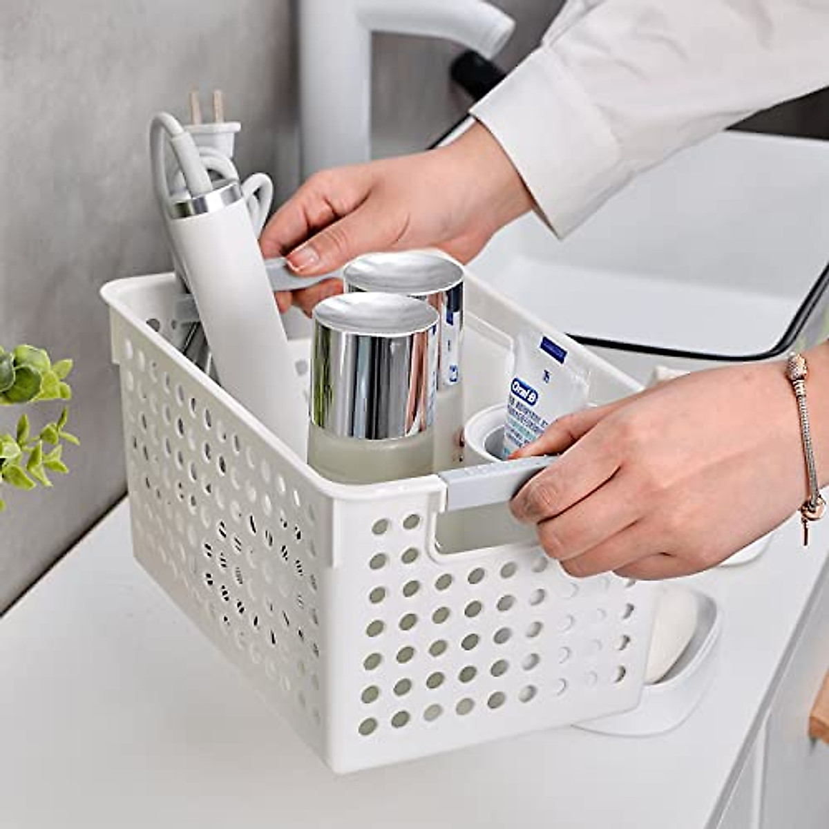 Whale Pocket 6 PCS Plastic Storage Basket, Slim White Organizer Tote Bin Shelf Baskets for Closet Organization, De-Clutter, Toys, Cleaning Products, Accessories 12.2x 8.6x 7in