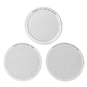 Corretto Set of 3 Reusable Metal Filters for use in AeroPress Coffee Maker, includes Fine, Ultra-Fine, and Mesh filters | Upgrade from Paper Filters | Aero press Compatible Accessories