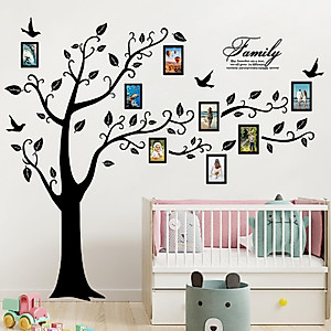Large Family Photo Tree Wall Sticker 3D Peel and Stick Vinyl Photo Frame Tree Wall Decals Removable Quotes Leaf and Birds Wall Decor for Home Kids Bedroom Living Room Classroom Nursery (Right, Black)